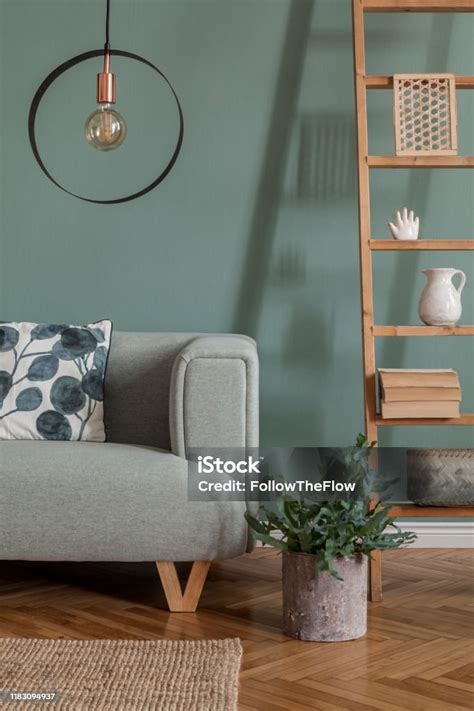 민트 소파 나무 사다리 식물 베개 램프 및 우아한 액세서리와 아파트에서 거실 인테리어의 현대적인 구성 세련된 홈 장식 템플릿 유칼립투스 색상 개념입니다 0명에 대한 스톡