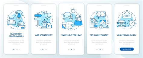 Road Trip Advices Blue Onboarding Mobile App Screen Car Travel Walkthrough 5 Steps Editable