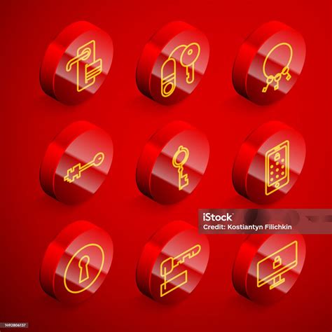 라인 디지털 도어록 열쇠가 있는 집 열쇠 묶음 오래된 모바일 및 그래픽 비밀번호 열쇠 구멍 및 표시된 아이콘을 설정합니다 벡터 3차원 형태에 대한 스톡 벡터 아트 및 기타