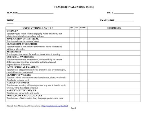 Free Printable Teacher Evaluation Form Templates Word Excel Pdf