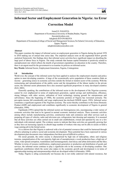 Pdf Informal Sector And Employment Generation In Nigeria An Error Correction Model