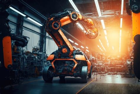 Premium Photo Car Factory Assembly Line With Automatic Robotic Arms Working Generative Ai