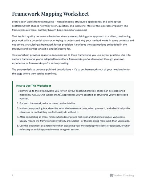Framework Mapping Worksheet Free Coaching Worksheet Tand