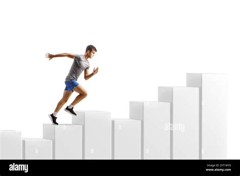 Fit Young Man Running On A Bar Chart Isolated On White Background Stock