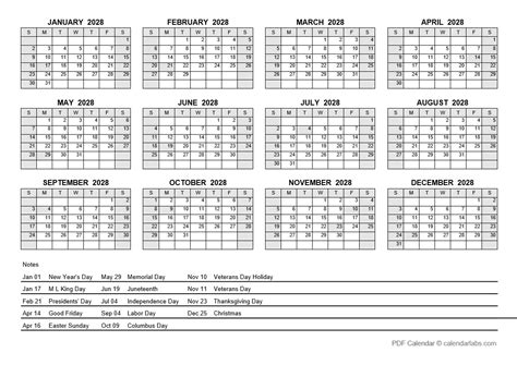 2028 Pdf Yearly Calendar With Holidays Free Printable Templates