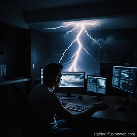 Man In Dark Room Confronts Thunder On Computer Stable Diffusion Online