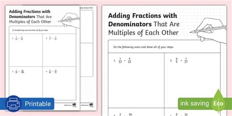 Adding Fractions With Denominators That Are Multiples Of Each Other Activity