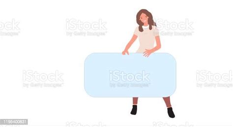 젊은 운동 행복 한 소녀 미소와 포스터를 들고 학생 또는 젊은 노동자 플랫 벡터 그림입니다 흰색 배경에 격리된 문자입니다 텍스트 및 디자인의 공간을 복사합니다 관광객에 대한