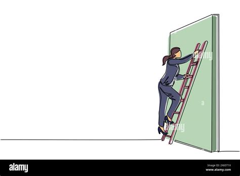 Continuous One Line Drawing Businesswoman Climbing Up The Wall With
