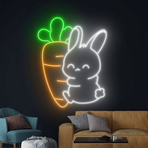 Handmadetneonsign Rabbit Carrot Neon Sign Rabbit Led Sign Happy Easter Neon Light Carrot Led