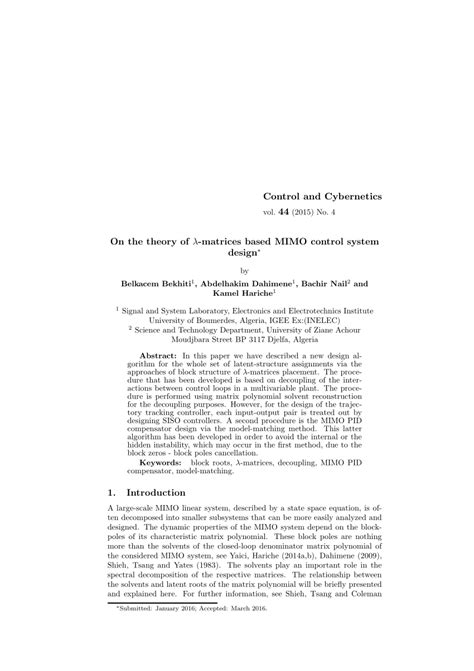 Pdf On The Theory Of λ Matrices Based Mimo Control System Design