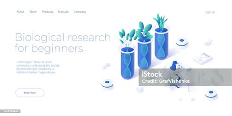 아이소메트릭 벡터 그림의 생물학적 연구 개념 현미경을 통해 식물 Dna 나선을 보고 있는 과학자 웹 배너 레이아웃 템플릿 농업에 대한 스톡 벡터 아트 및 기타 이미지