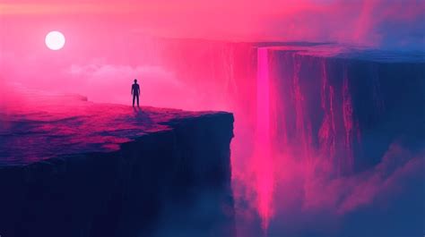 Silhouette Of A Man Standing On A Cliff Edge Against A Pink And Purple