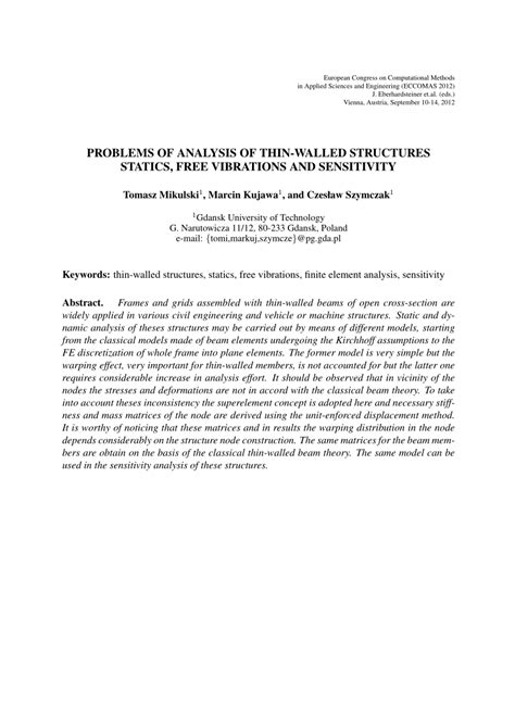 Pdf Problems Of Analysis Of Thin Walled Structures Statics Free