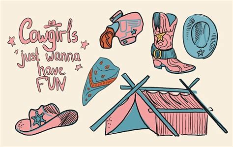 카우걸 서부 테마 와일드 웨스트 개념 텐트 모자 부츠 리볼버 손수건 비문과 같은 요소가 포함되어 있습니다 벡터 로데오에 대한