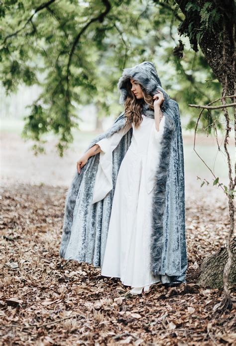 Faux Fur Trim Hooded Cloak Silver Crushed Velour Medieval Costume Etsy