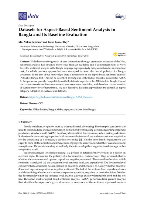Pdf Datasets For Aspect Based Sentiment Analysis In Bangla And Its