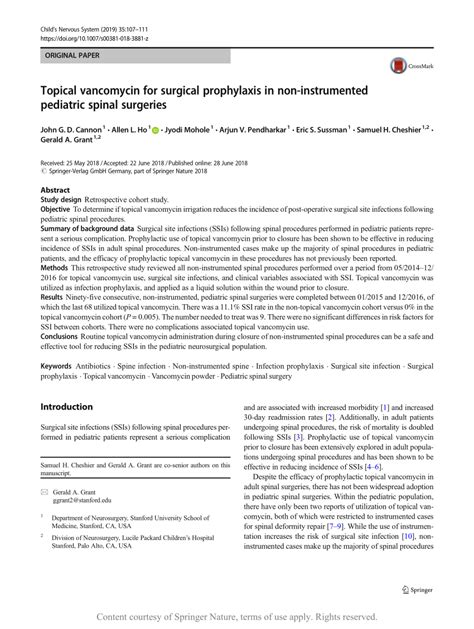 Topical Vancomycin For Surgical Prophylaxis In Non Instrumented