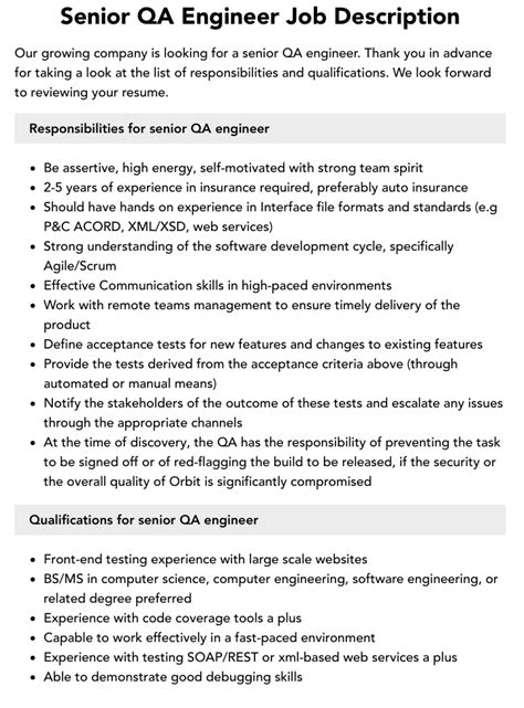 Senior Qa Engineer Job Description Velvet Jobs