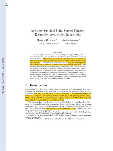 Accurate Subpixel Point Spread Function Estimation From Scaled Image Pairs Pdf Camera