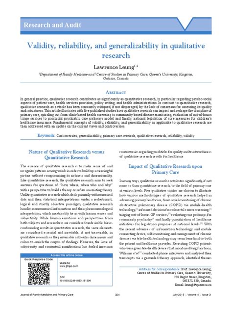 Validity Reliability And Generalizability In Qualitative Pdf Qualitative Research