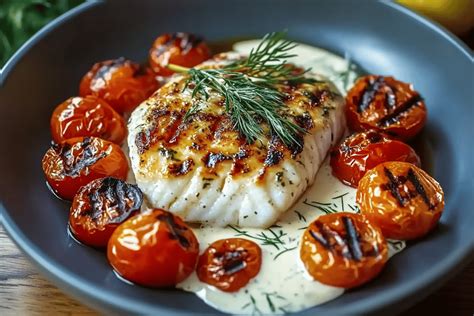 Grilled Cod With Roasted Tomatoes And Dill Sauce