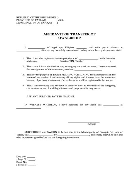 Affidavit Of Transfer Of Ownership Pdf
