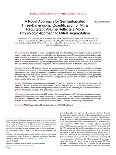 Pdf A Novel Approach For Semi Automated 3d Quantification Of Mitral Regurgitant Volume