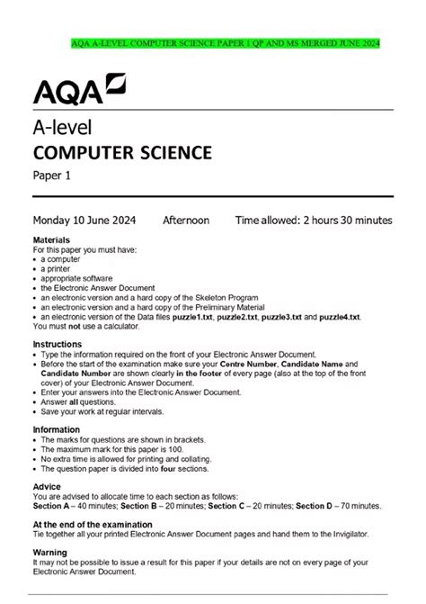 Aqa A Level Computer Science Paper 1 Qp And Ms Merged June 2024 Aqa
