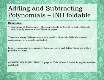 Adding And Subtracting Polynomials INB Foldable Notes By Algebra With Steck