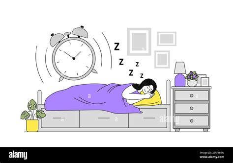 Woman Sleeping Peacefully With Alarm Clock Ringing In Bedroom Stock