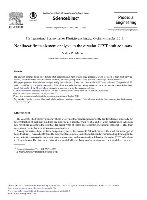Pdf Nonlinear Finite Element Analysis To The Circular Cfst Stub Columns