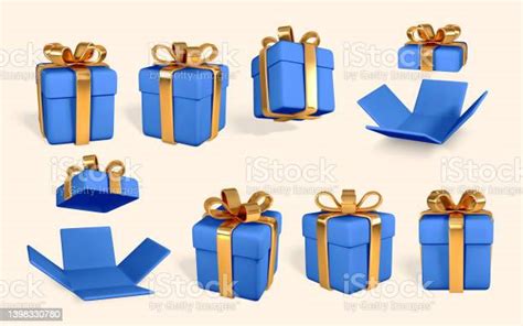 황금 활이있는 3d 현실적인 파란색 선물 상자 흰색 배경에 고립 된 리본과 그림자가있는 종이 상자 벡터 일러스트 레이 션 선물에 대한 스톡 벡터 아트 및 기타 이미지