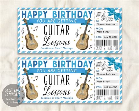 Guitar Lessons T Certificate Editable Template Birthday Surprise M