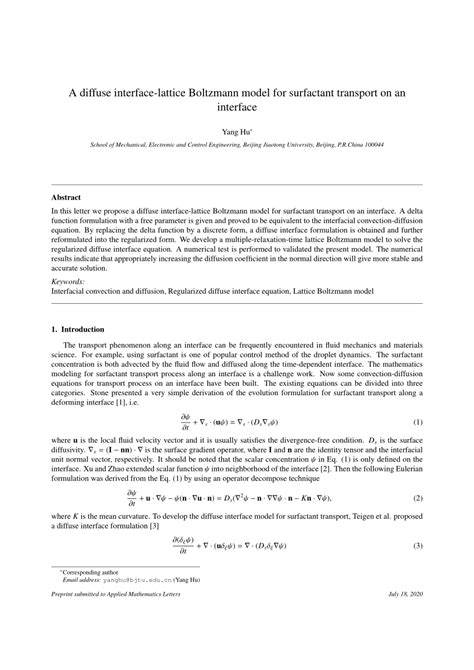 Pdf A Diffuse Interface Lattice Boltzmann Model For Surfactant