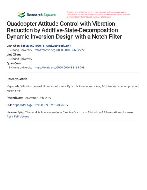 Pdf Quadcopter Attitude Control With Vibration Reduction By Additive