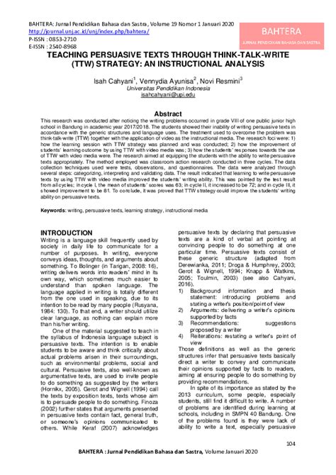 Pdf Teaching Persuasive Texts Through Think Talk Write Ttw Strategy An Instructional Analysis