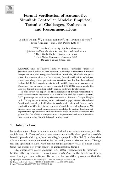 Pdf Formal Verification Of Automotive Simulink Controller Models Empirical Technical