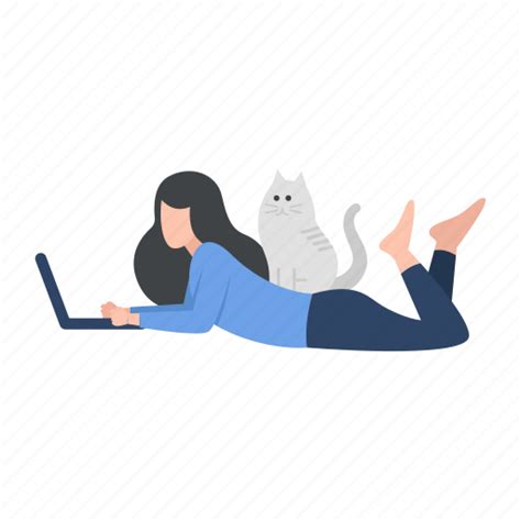 Woman Laptop Pussy Cat Enjoying Prone Position Illustration Download On Iconfinder