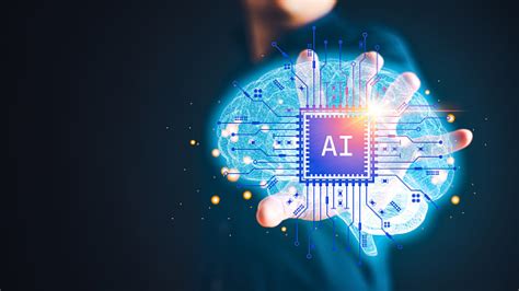 인공 지능 Ai 뇌 회로 기판 모양 전자 Pcb 회로 아이콘 기호 사업가 손 터치 사이버펑크 블루 퍼플 바이올렛 네온 사이버
