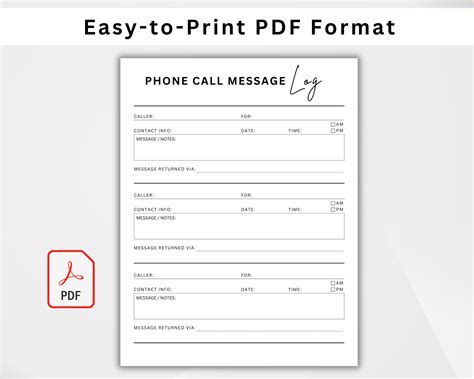 Printable Phone Call Message Log Phone Log Message Log Call Log