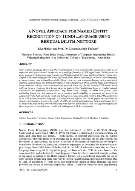 A Novel Approach For Named Entity Recognition On Hindi Language Using