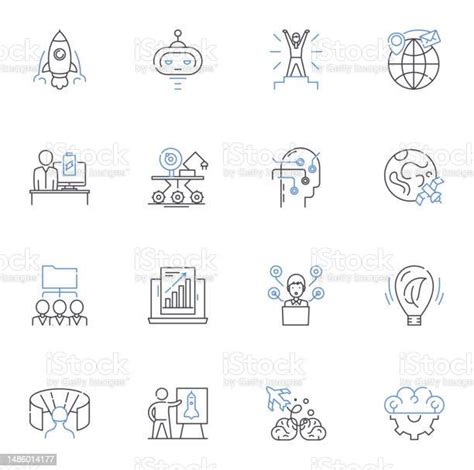 미래 지향적인 제안 라인 아이콘 모음입니다 혁신 미래주의 진보 혁명 발전 내일 벡터 및 선형 일러스트레이션 변경 최첨단 현대화