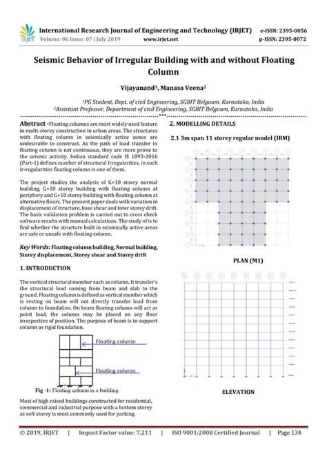 Irjet Seismic Behavior Of Irregular Building With And Without Floating Column Pdf