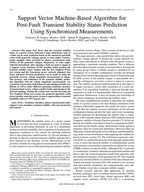 Pdf Support Vector Machine Based Algorithm For Post Fault Transient