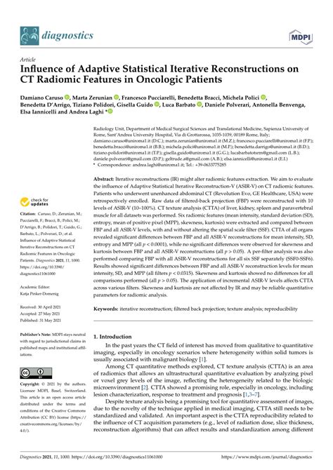 Pdf Influence Of Adaptive Statistical Iterative Reconstructions On Ct Radiomic Features In