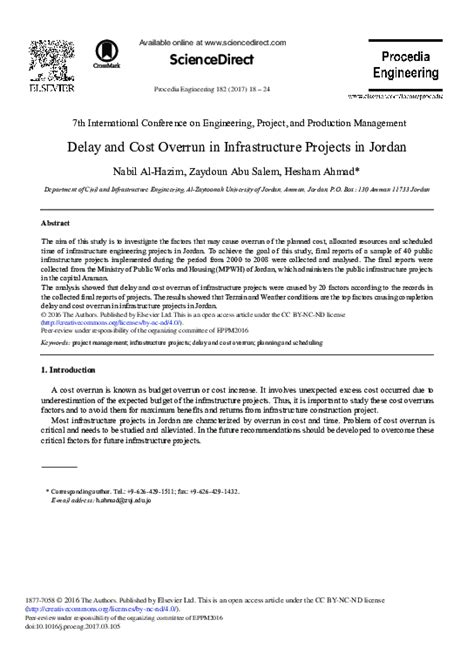Pdf Delay And Cost Overrun In Infrastructure Projects In Jordan