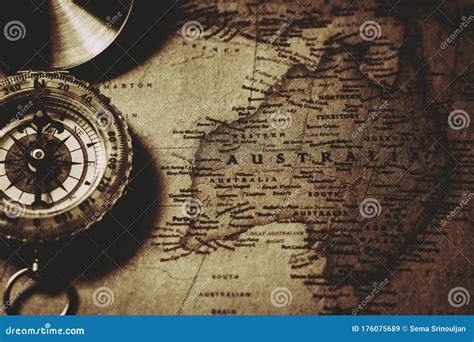 Antique Compass At Old Australia Map Stock Image Image Of Country