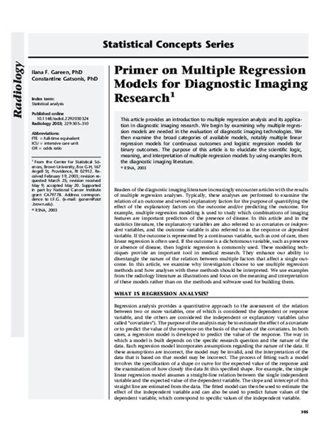 Pdf Primer On Multiple Regression Models For Diagnostic Imaging Research