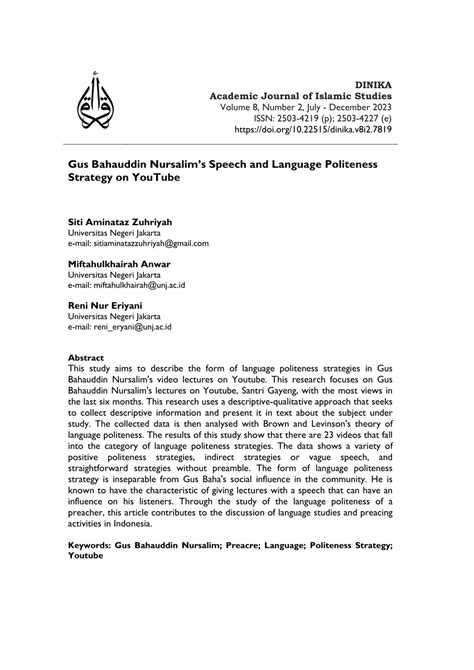 Pdf Gus Bahauddin Nursalims Speech And Language Politeness Strategy On Youtube